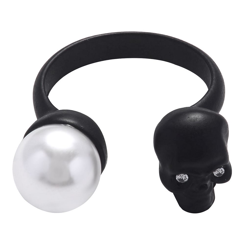 Emberly Hematite Skull & Simulated Pearl Ring