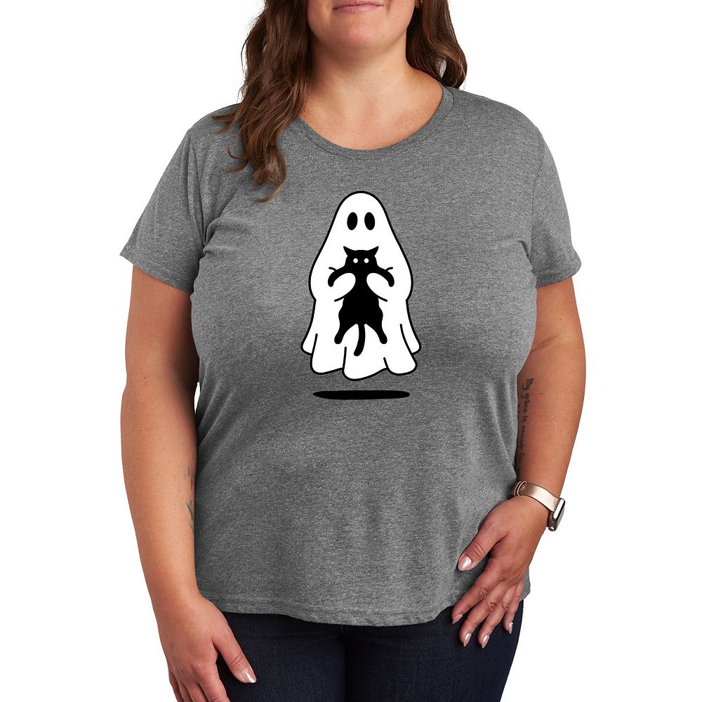 Plus Size Ghost Holding Black Cat Graphic Tee