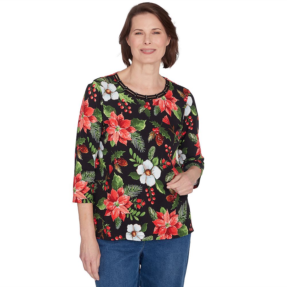 Petite Alfred Dunner Poinsettia Classic Holiday Top