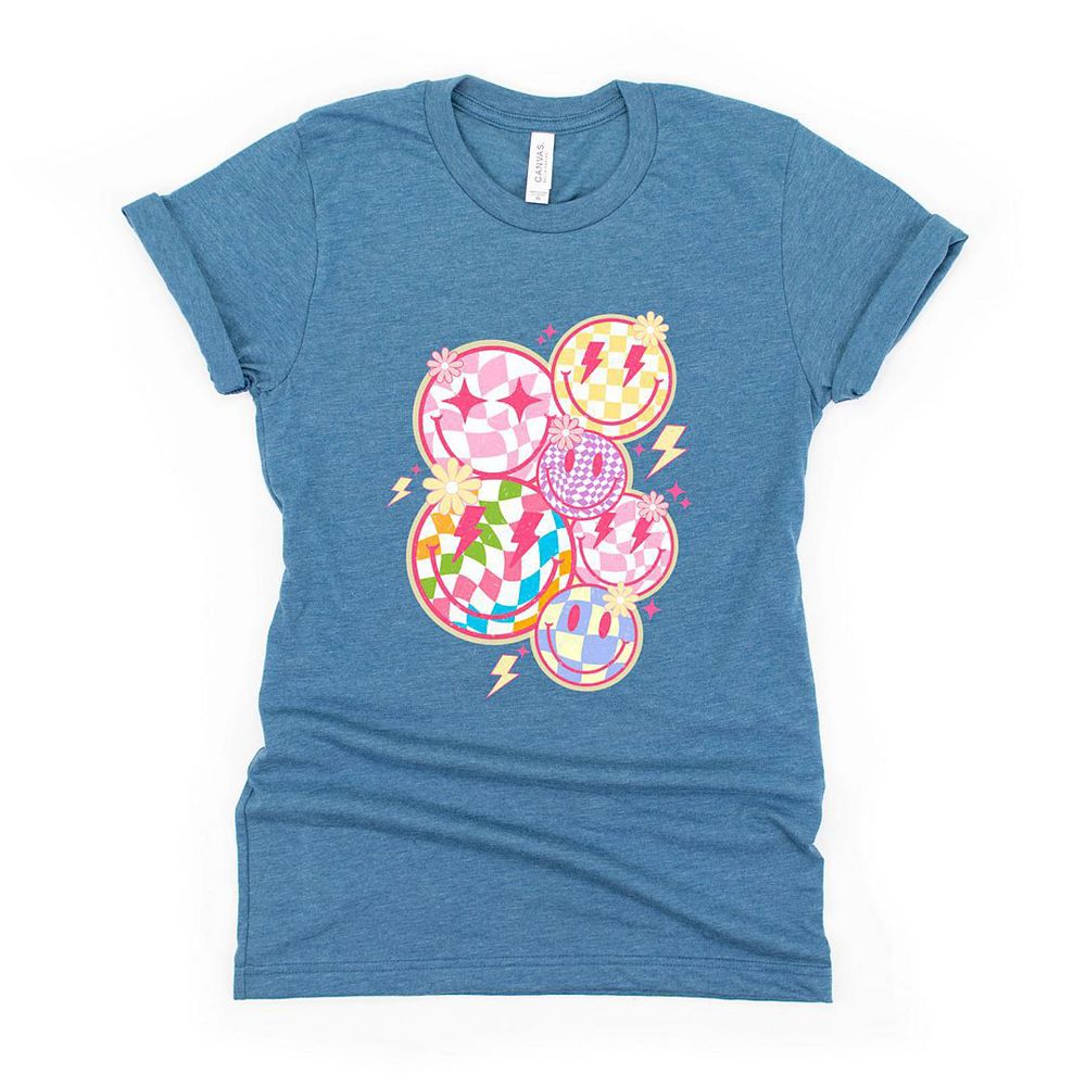 Colorful Checkered Smiley Face Youth Short Sleeve Graphic Tee