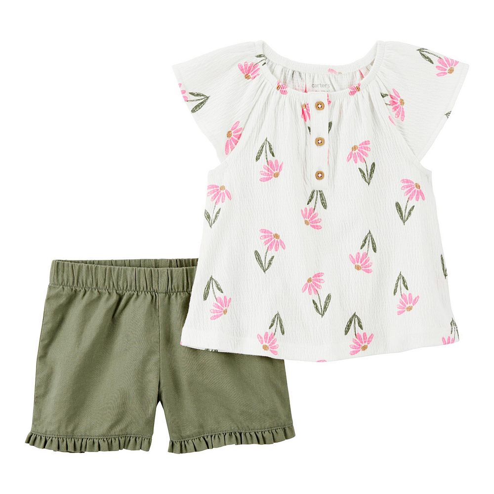 Baby Girl Carter's Floral Crepe Ruffle Sleeve Top and Short 2-Piece Set