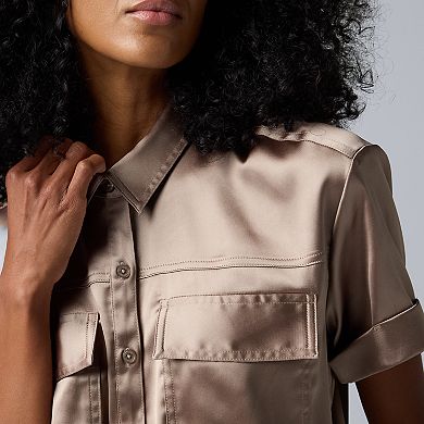 Women's Simply Vera Vera Wang Short Sleeve Satin Utility Shirt
