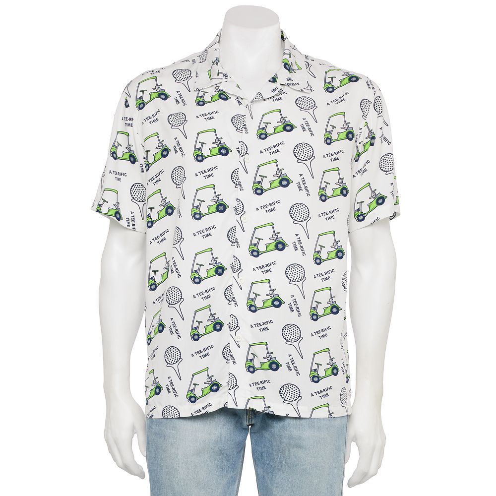 Men's Tee-Riffic Time Golf Cart Print Short Sleeve Button Down Shirt