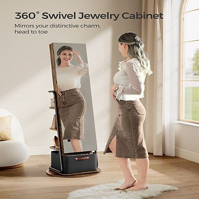 360 Swivel Mirrored Jewelry Cabinet With Lights Full length Mirror With Jewelry Storage