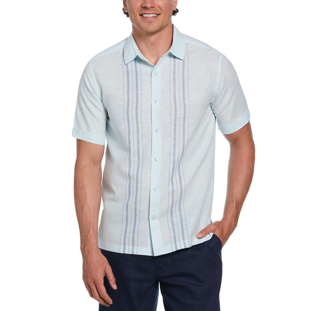 Men's Cubavera Linen Blend Herringbone Panel Short Sleeve Button-Down Shirt