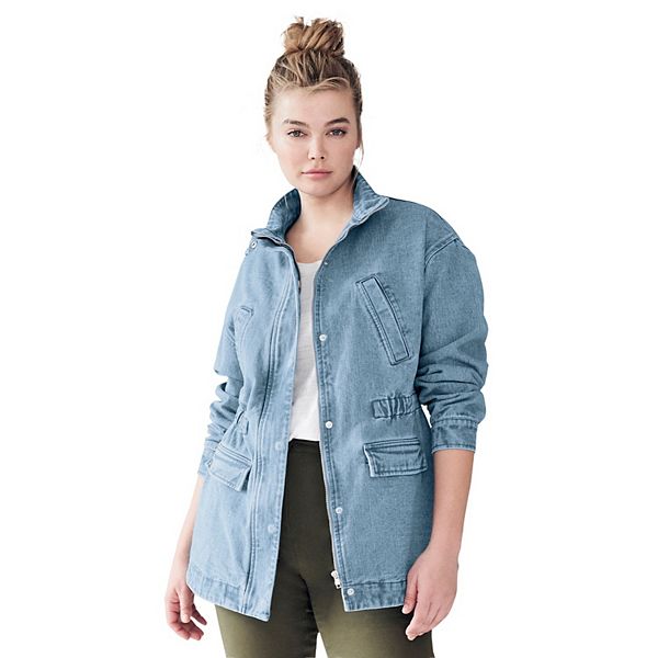 ellos Women's Plus Size Denim Jacket With Elastic Waist