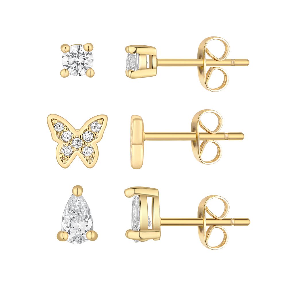 Taylor Grace 14k Gold Plated Cubic Zirconia Butterfly Stud Earring Trio Set