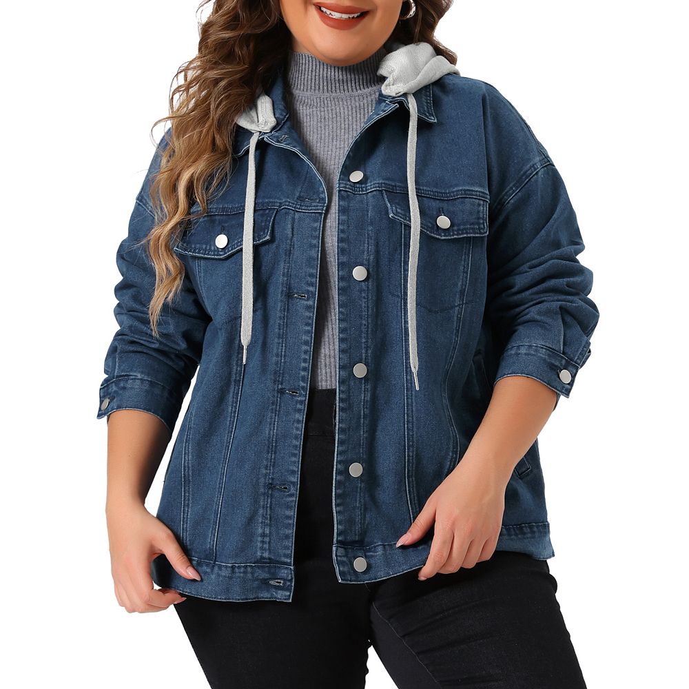 Women's Plus Size Denim Jacket Layered Drawstring Detachable Hoodie ...