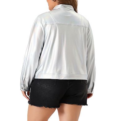 Women's Plus Size Metallic Moto Biker Jacket Holographic Shiny Party Shirt