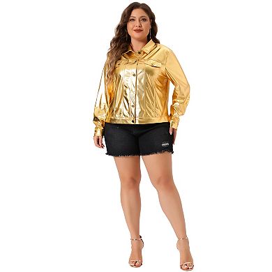 Women's Plus Size Metallic Moto Biker Jacket Holographic Shiny Party Shirt