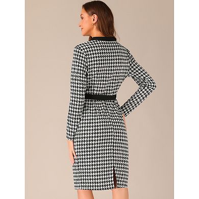 Houndstooth Dress For Women's V Neck Elegant Belted Knit Long Sleeve ...