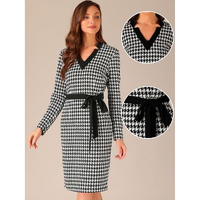 Houndstooth Dress For Women's V Neck Elegant Belted Knit Long Sleeve ...