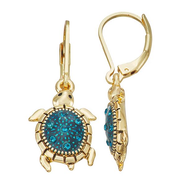 Napier Gold Tone Simulated Crystal Blue Back Turtle Drop Earrings