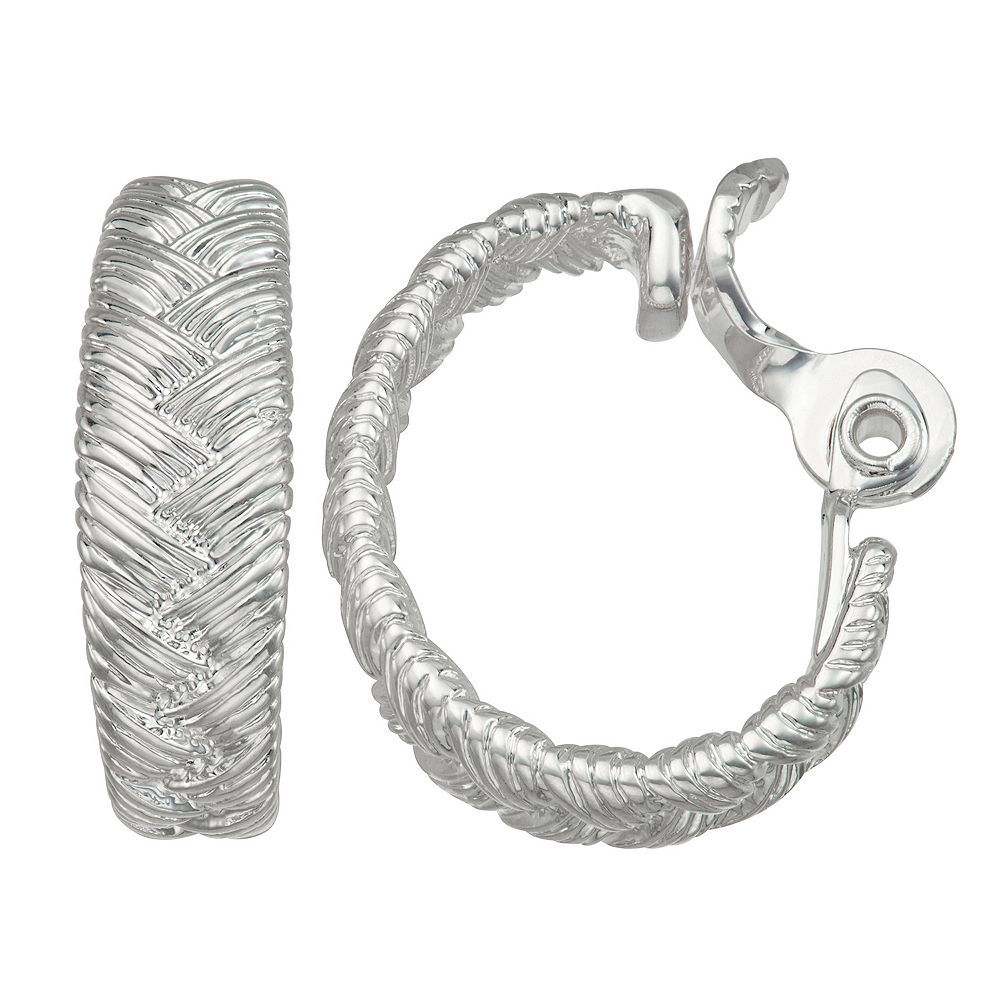 Napier Silver Tone Braid Textured Huggie Hoop Clip-On Earrings
