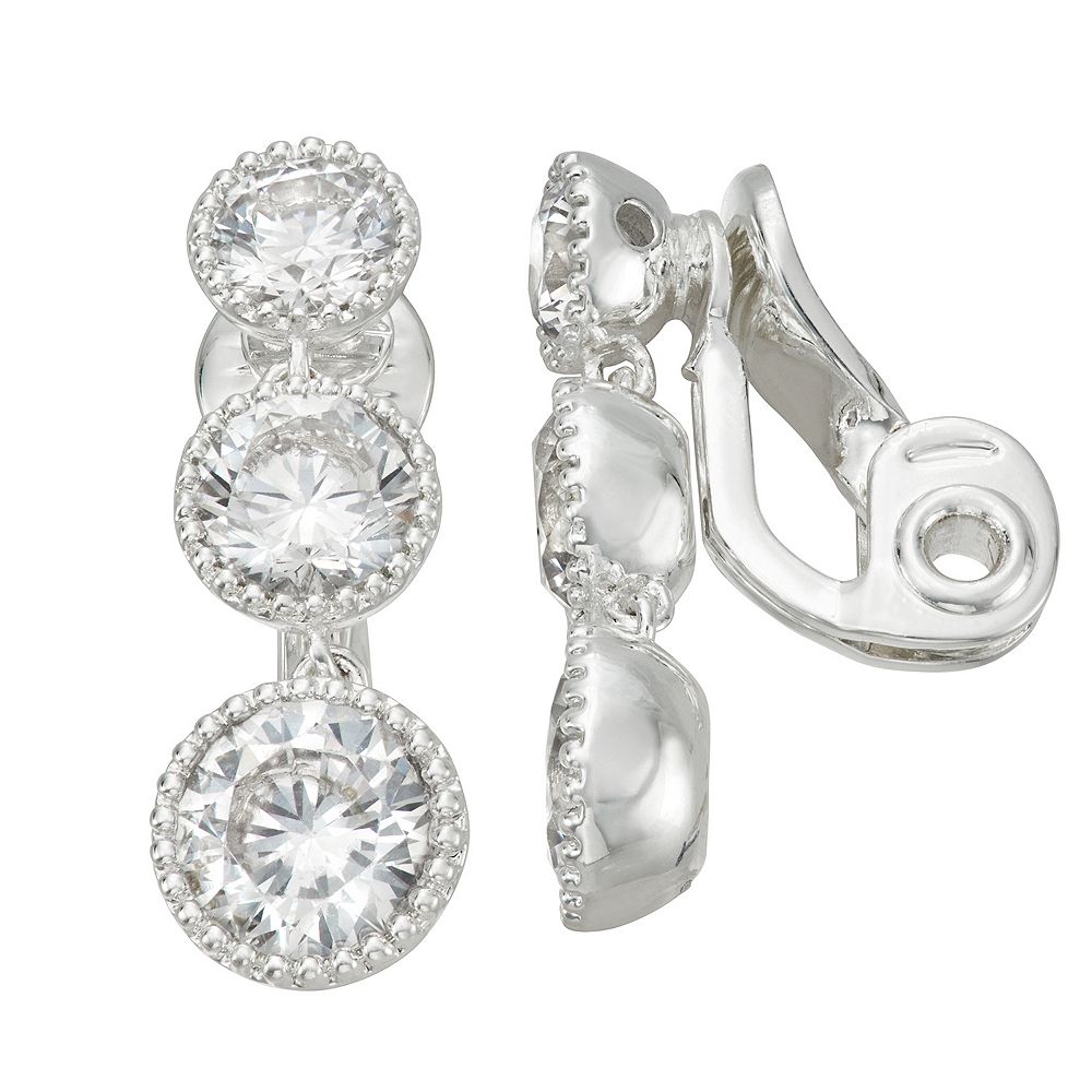 Napier Silver Tone Cubic Zirconia Linear Triple Clip-On Earrings