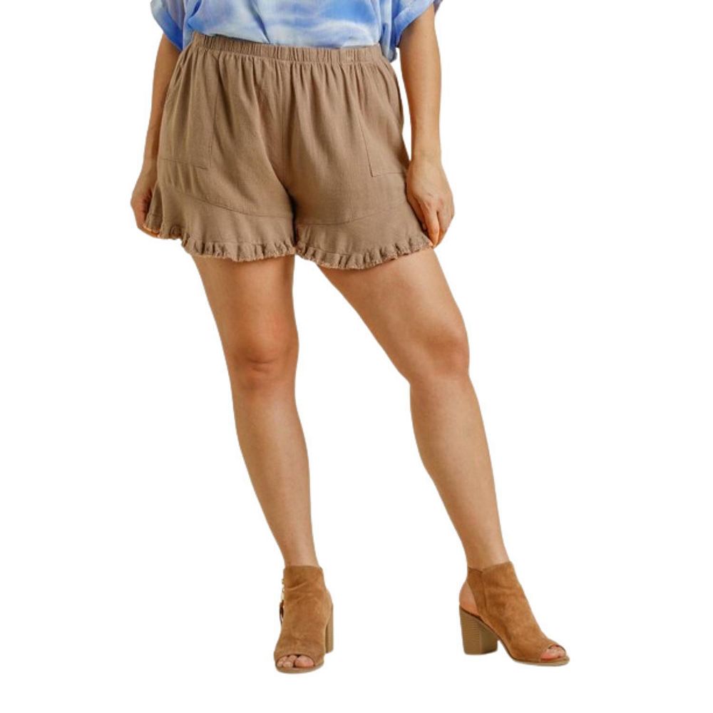 Fashnzfab Linen Blend Elastic Waist Ruffle Hem Shorts With Pockets