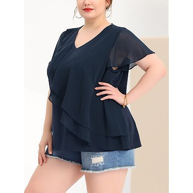 Women's Plus Size Ruffled Sleeve V Neck Multi-layered Top Blouses