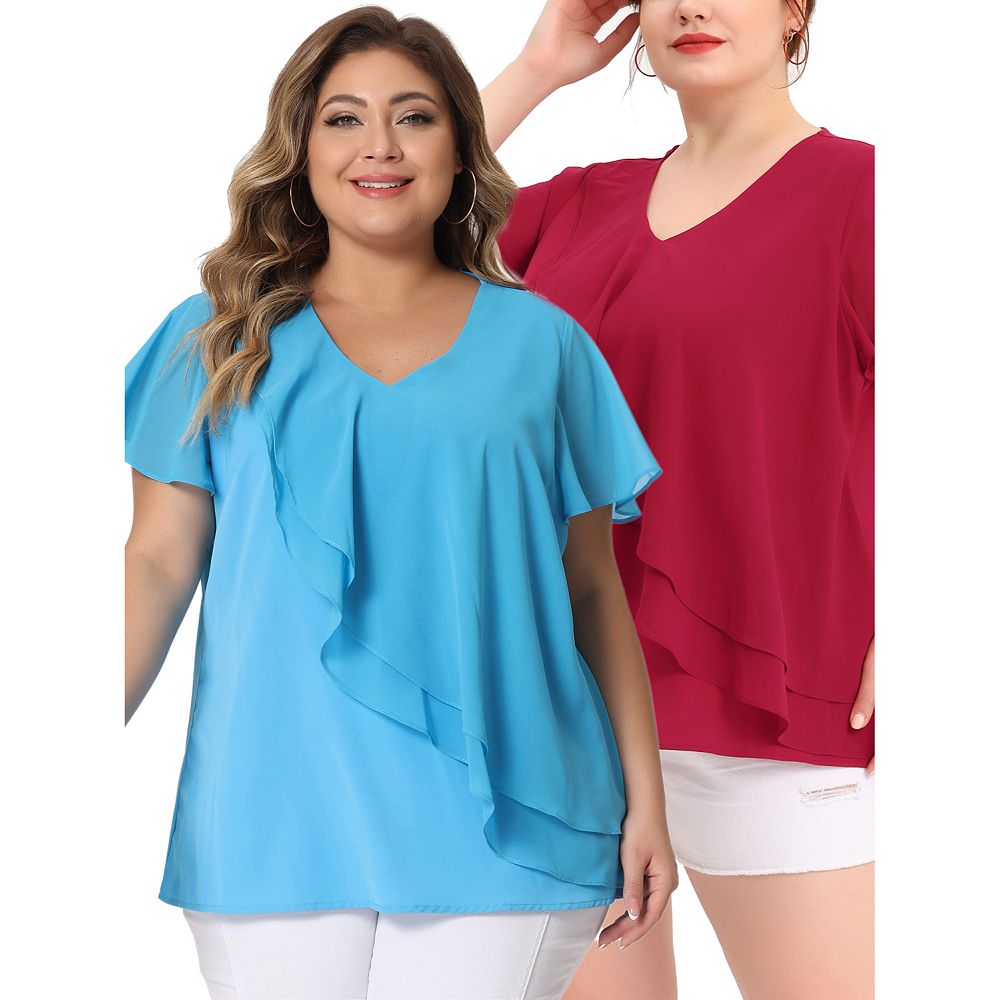 Women's Plus Size Ruffled Sleeve V Neck Multi-layered Top Blouses