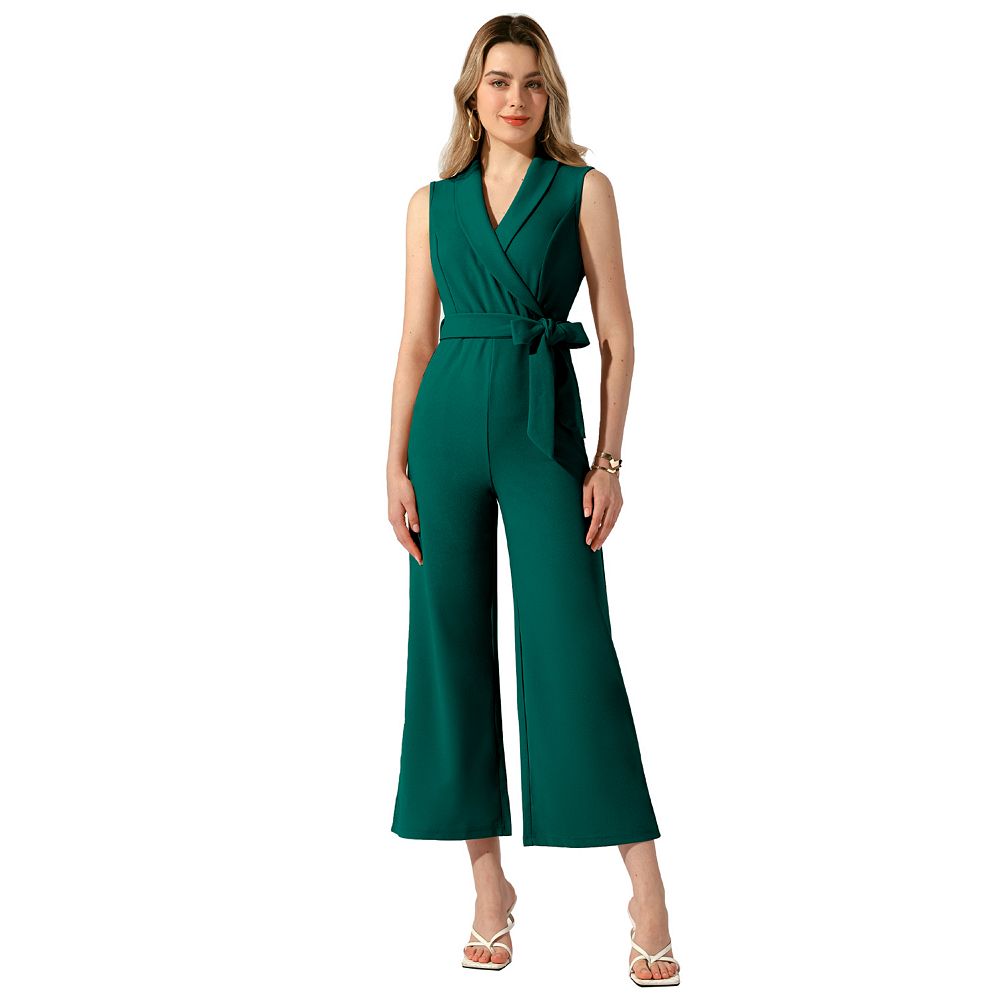 Women's Elegant Office Work Sleeveless Wide Belted Leg Jumpsuit Romper