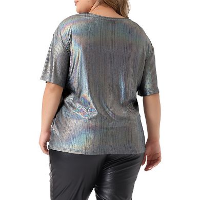 Women's Plus Size Metallic Round Neck Short Sleeve T-shirt Blouses Tee Tops