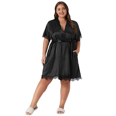Women's Plus Size Satin Pocket Tie Nightgown Lounge Sleepwear Sleep Robes