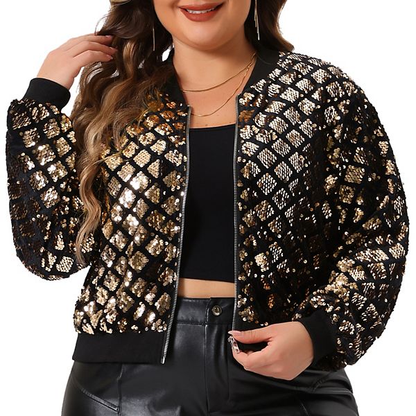 Plus Size Sequin Jackets For Women Long Sleeve Metallic Party Crop ...