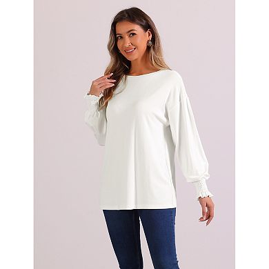 Long Sleeve Plain Tops For Women Casual Loose Fit Smocked Cuffs Long ...