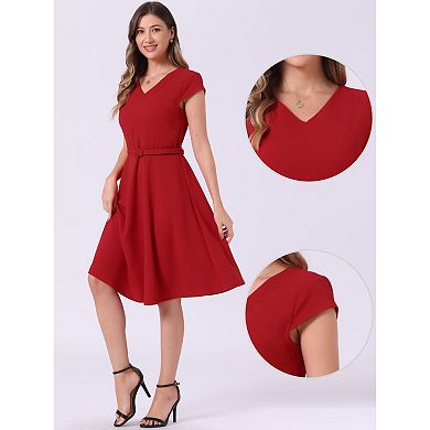 Women's Belted V Neck Cap Sleeve Flowy A-line Dress