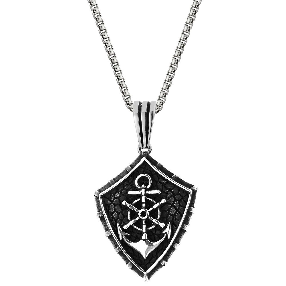 Menster Men's Sterling Silver Oxidized Nautical Shield Pendant Necklace