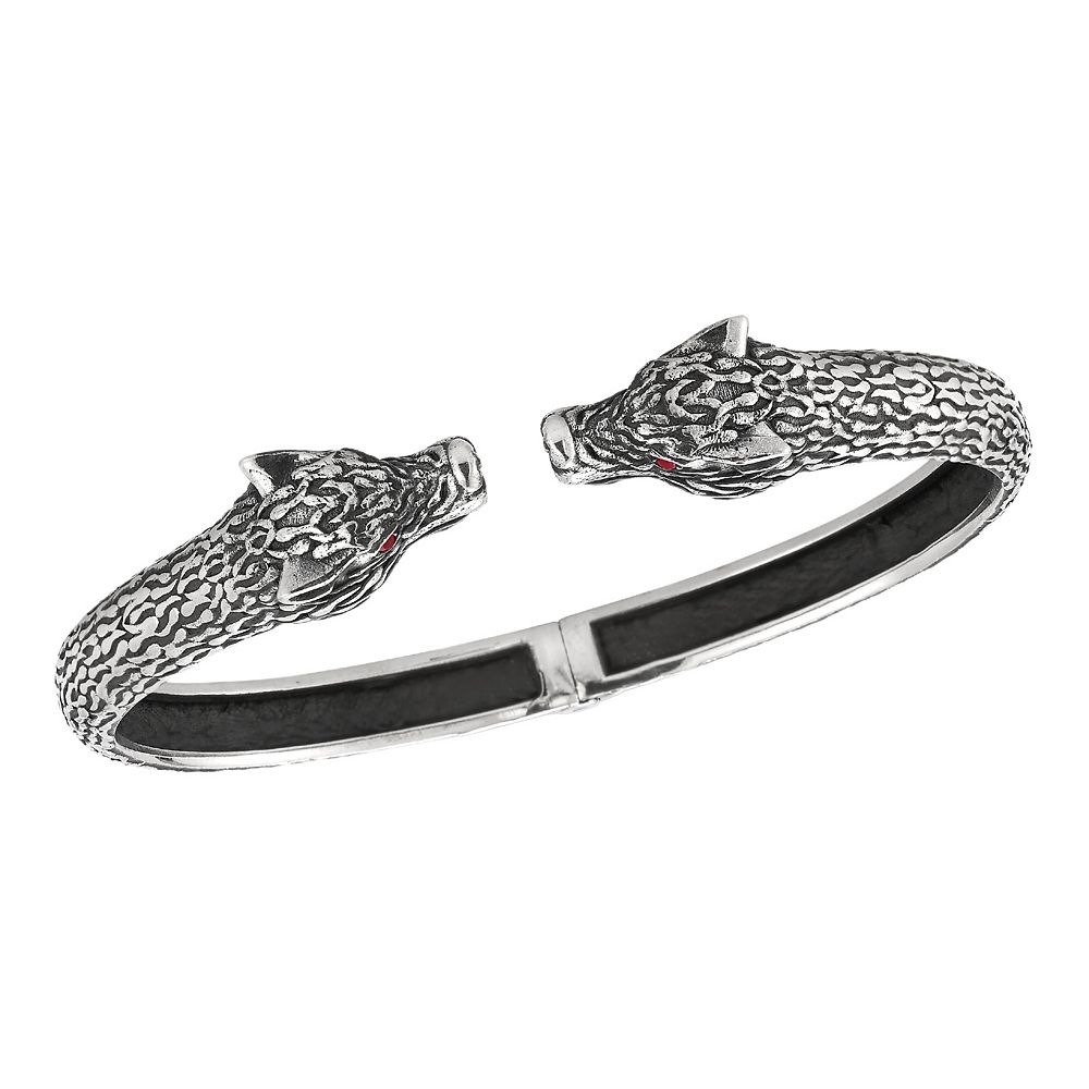 Menster Men's Sterling Silver Oxidized Double Wolf Hinged Bangle Bracelet