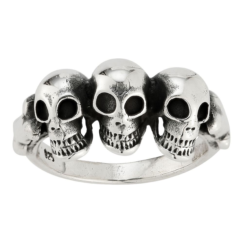 Menster Men's Sterling Silver Oxidized Tri Skull Ring