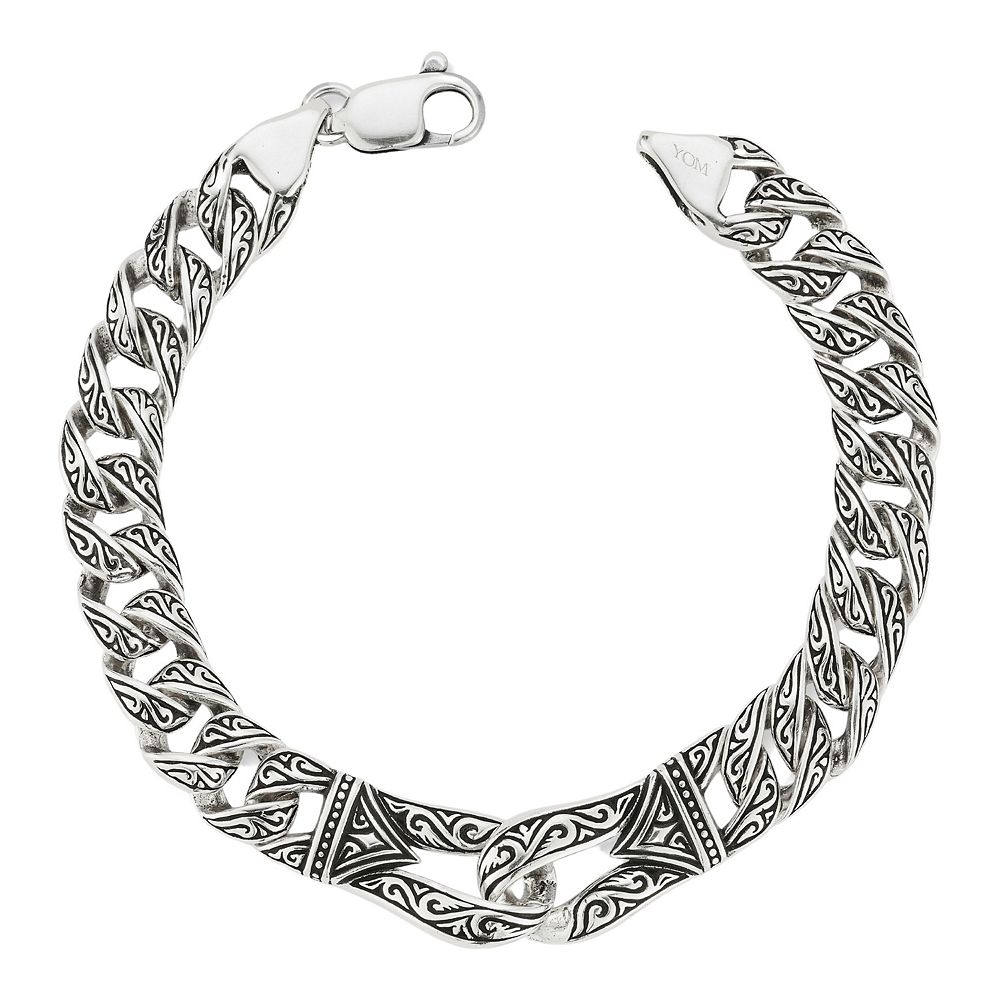 Menster Men's Sterling Silver Oxidized Duo Linked Etched Bracelet