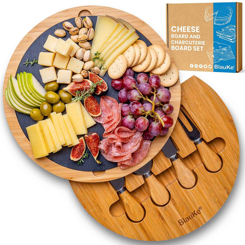 Round Wooden Cheese Board with Knife Set and Removable Slate - 12 inch ...