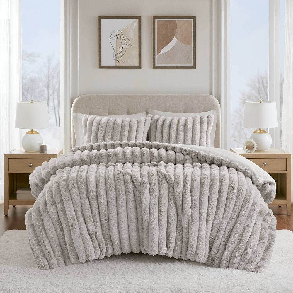 Madison Park Jasmine 3pc Ultrasoft Faux Fur Ribbed Midweight Comforter Set