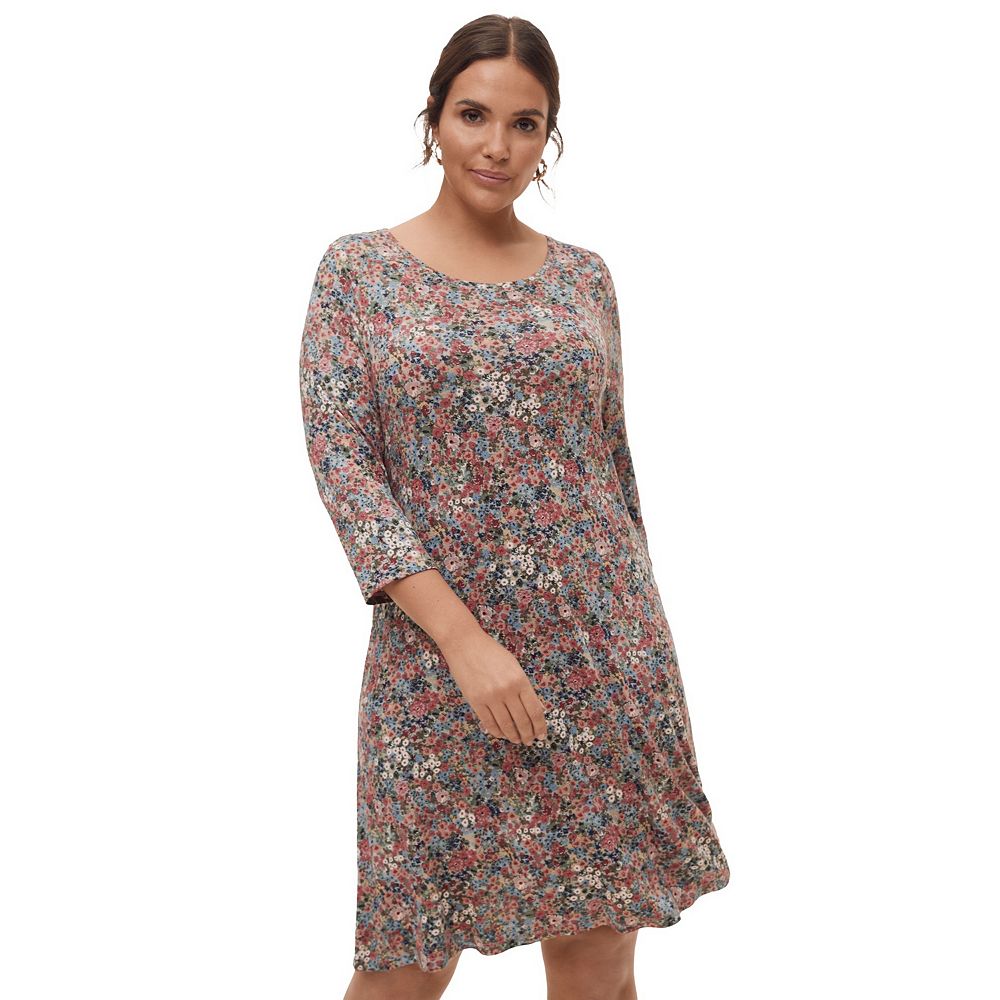ellos Plus Size Stretch Knit Scoop Neck 3/4 Sleeve A Line Dress