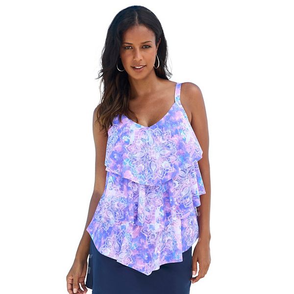 Swim 365 Women's Plus Size Longer-Length Tiered-Ruffle Tankini Top