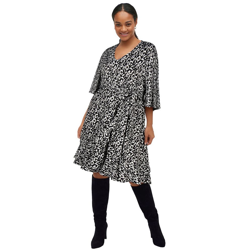 Ellos Women's Plus Size V-neck Textured Knit Dress With Diagonal Ruffle