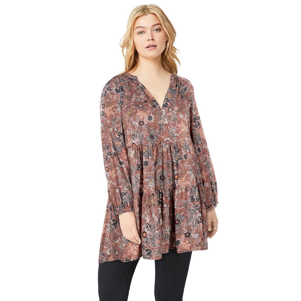 Ellos Womens Plus Size Tiered Tunic With Notch V Neck