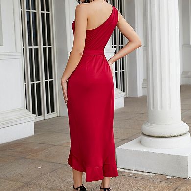 Womens Casual Summer Sleeveless Bow One Shoulder Ruched High Split Bodycon Maxi Dress