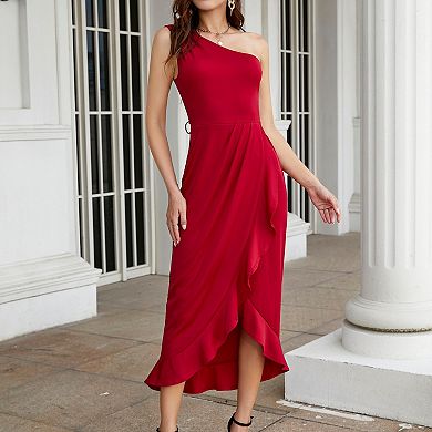 Womens Casual Summer Sleeveless Bow One Shoulder Ruched High Split Bodycon Maxi Dress