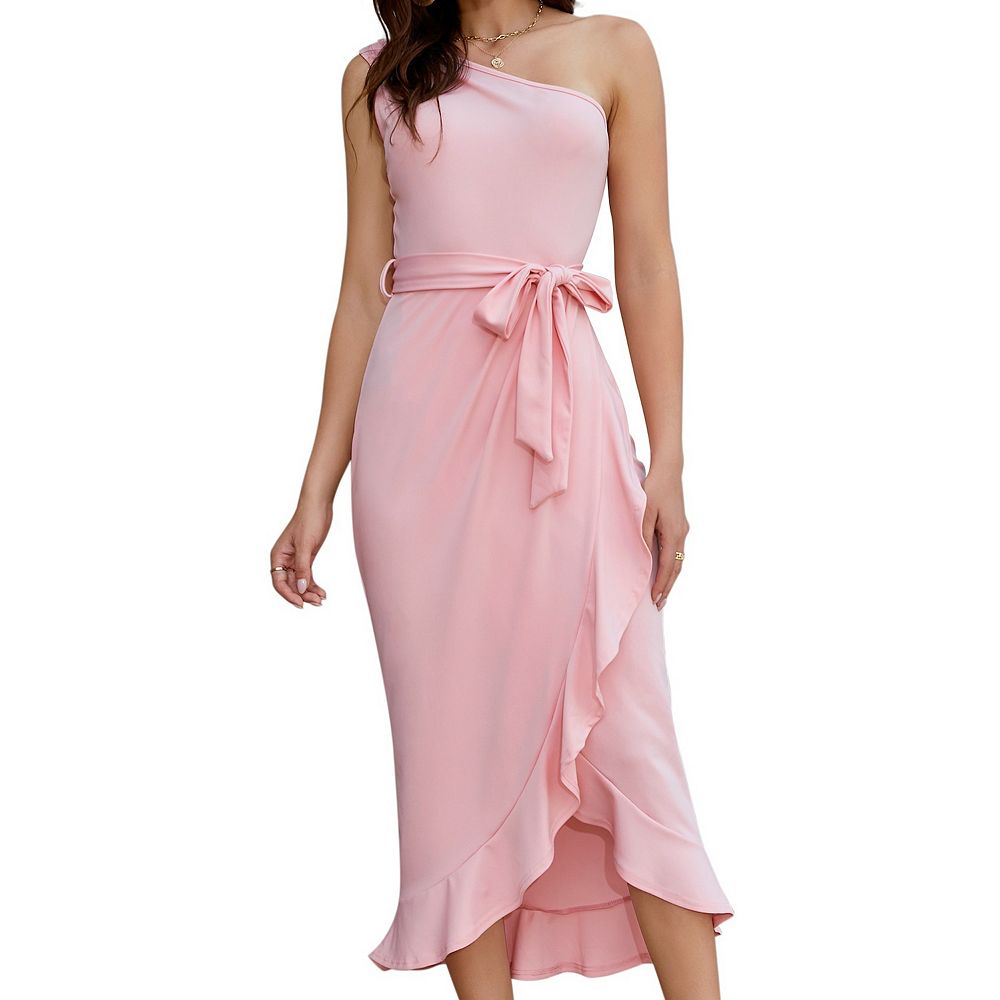 Womens Casual Summer Sleeveless Bow One Shoulder Ruched High Split Bodycon Maxi Dress