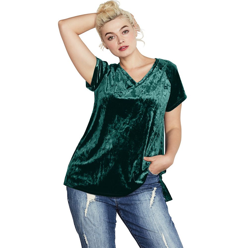 ellos Plus Size Stretch Crushed Velour V-Neck Short Sleeve Tee