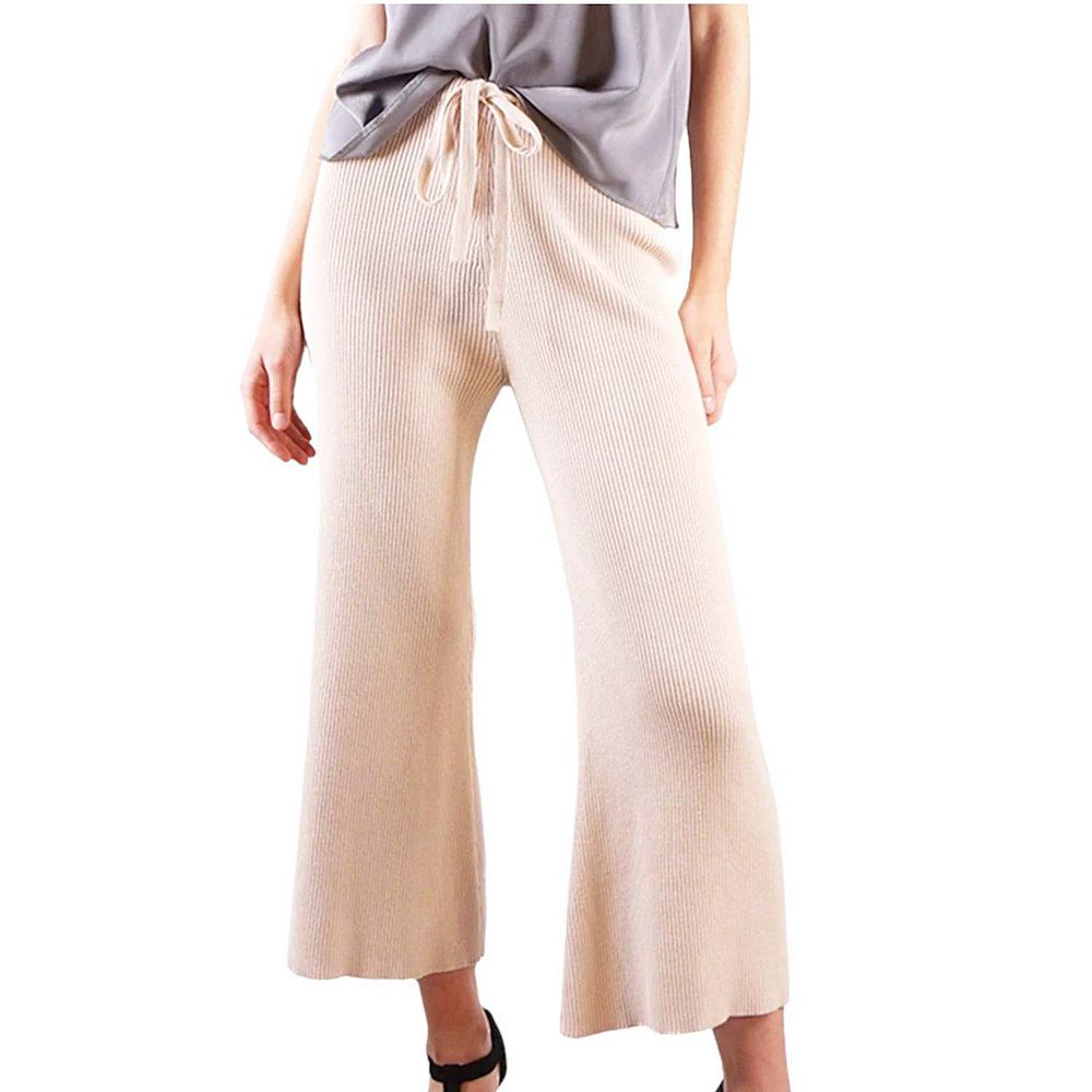 Women's Cropped Wide Leg Pants With Drawstring Waist Tie