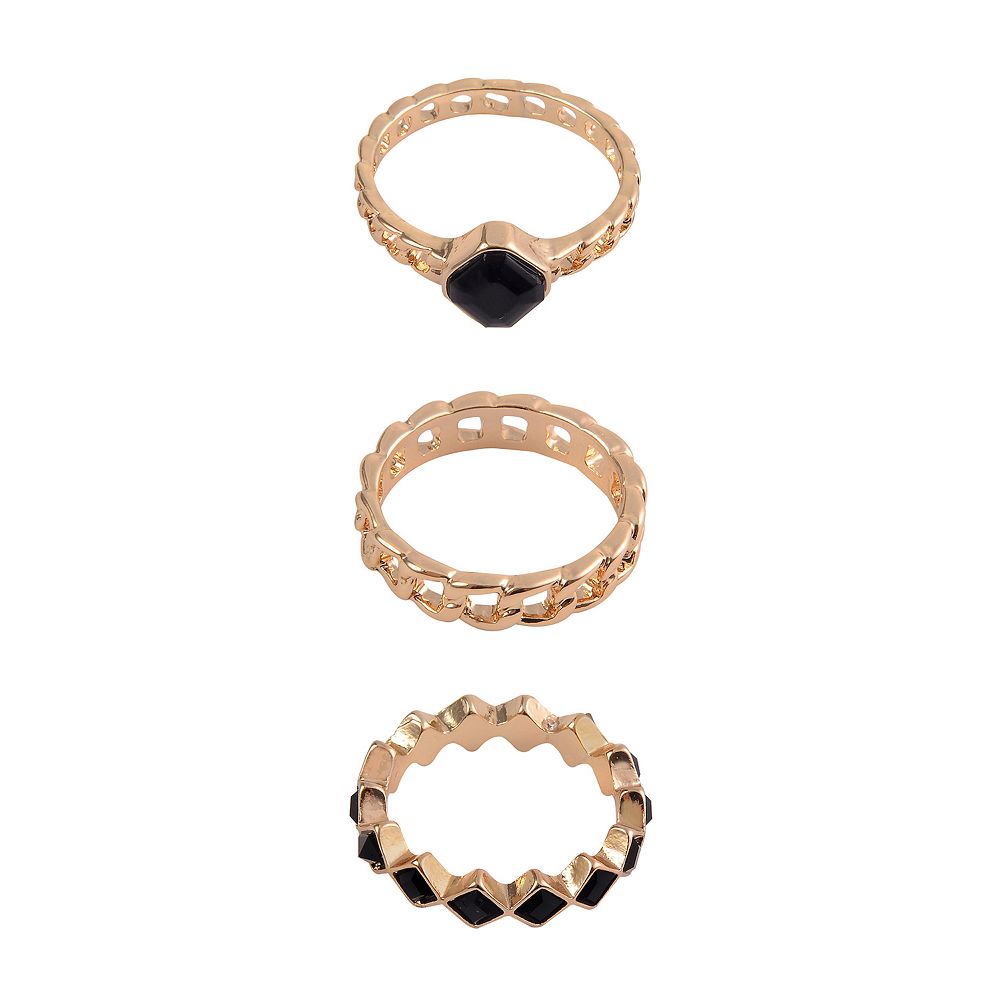 Emberly Gold Tone Black Stone Rings Trio Set