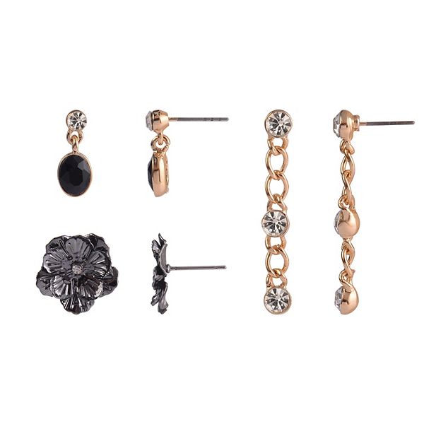 Emberly Gold Tone Black Stone Flower Stud & Drop Earrings Trio