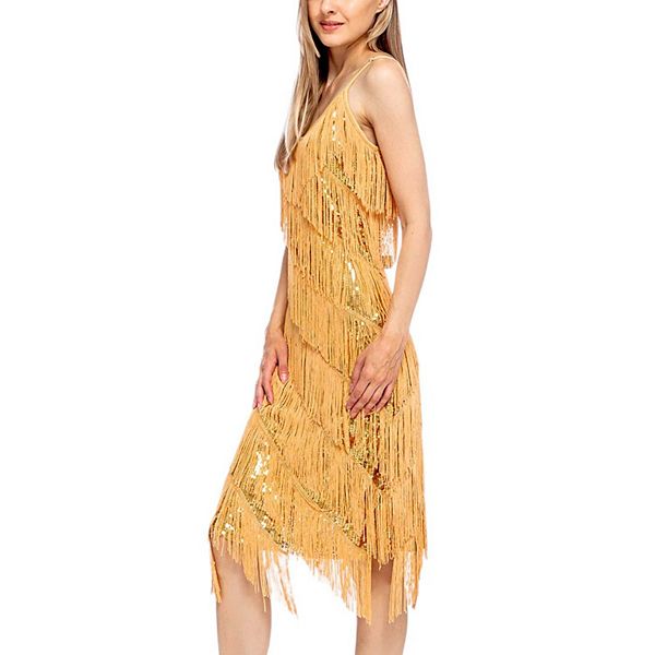 Womens Sequin Fringe Party Midi Dress