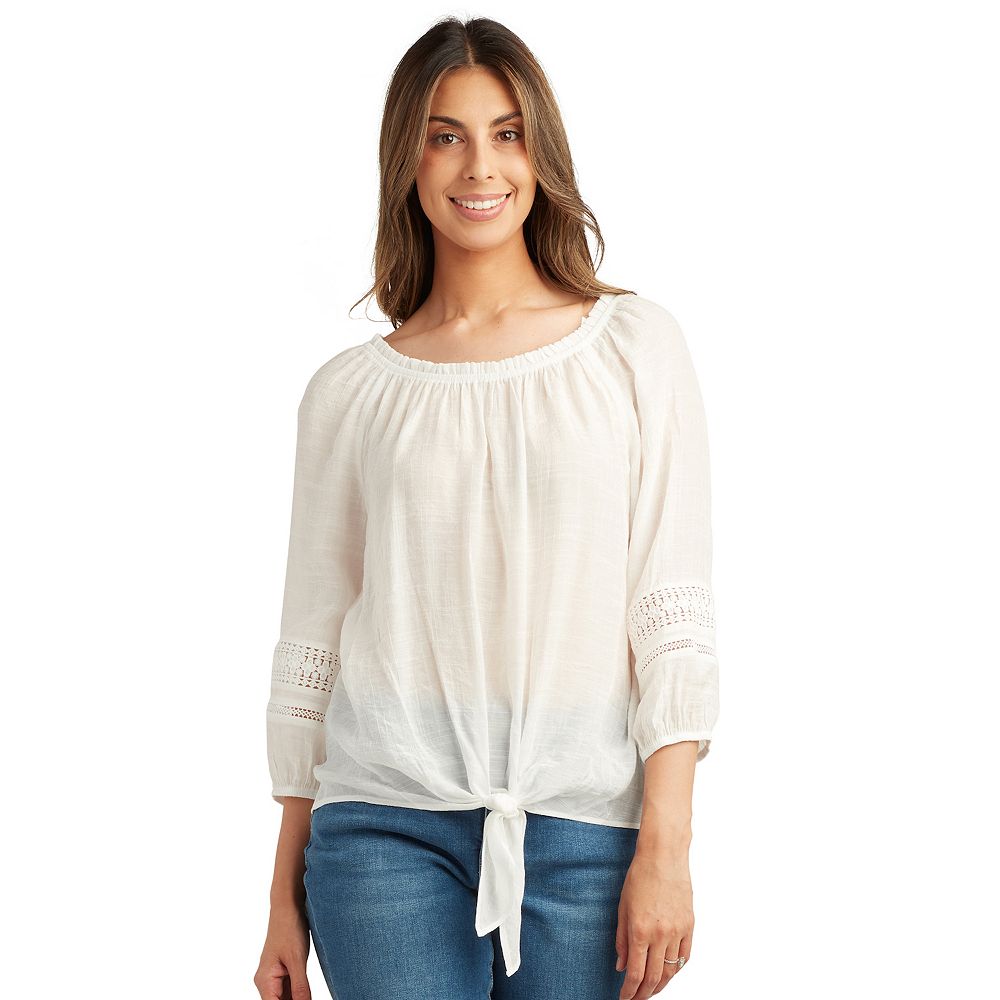 Women's AB Studio Ruffle Peasant Neck Tie-Front Top