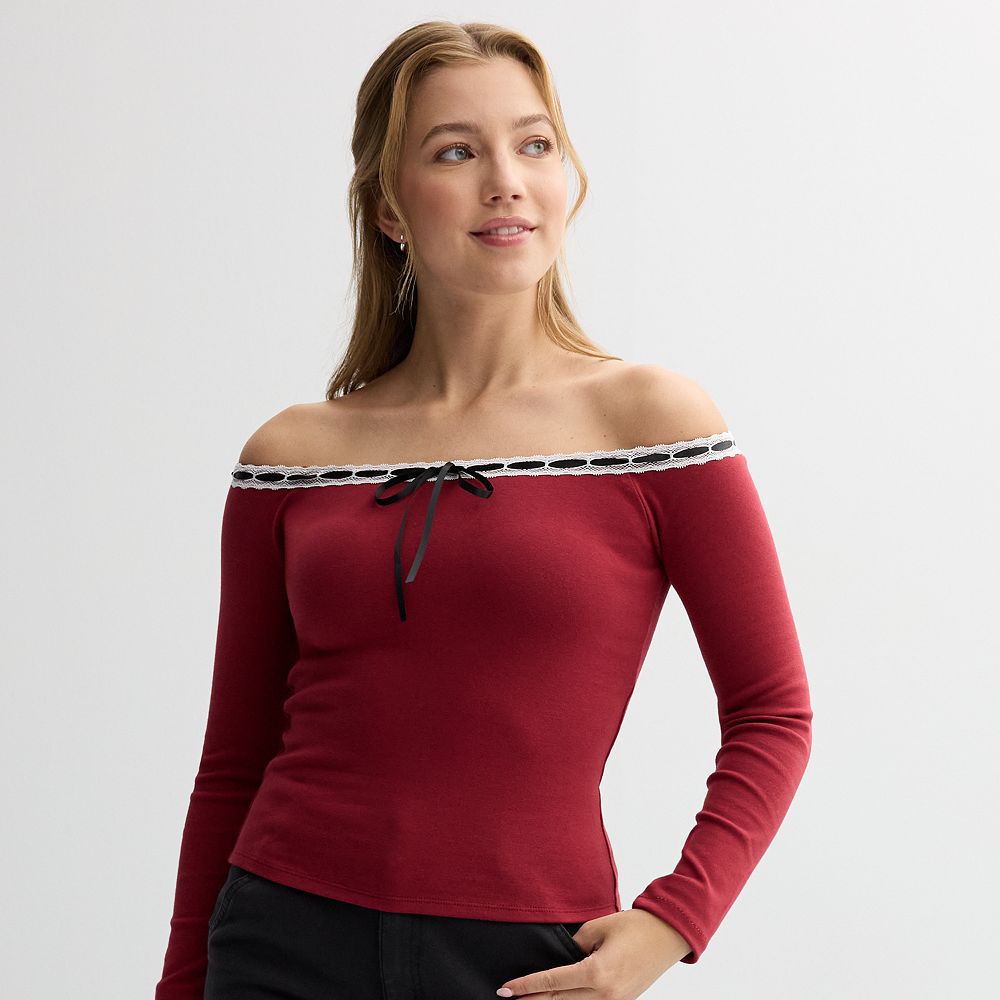 Juniors madden girl Long Sleeve Off The Shoulder Top with Contrast Lace ...