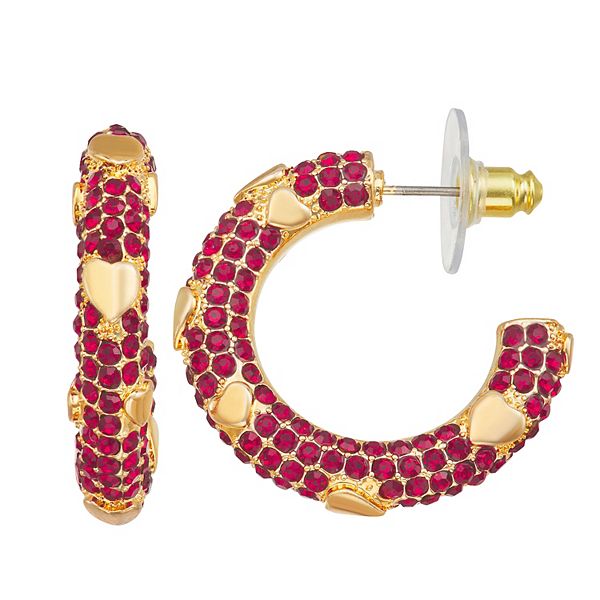 Nine West Gold Tone Red Crystal Heart Hoop Earrings