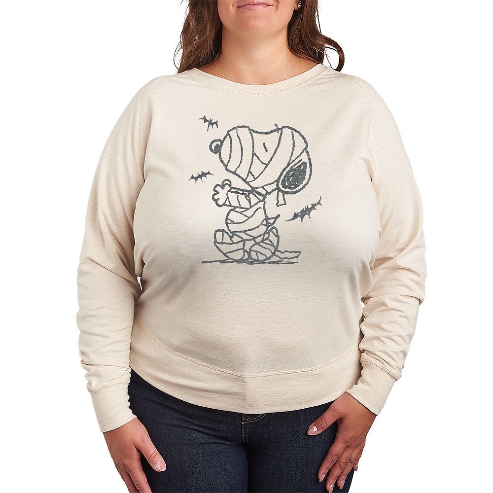 Plus Size Peanuts Snoopy Mummy Halloween Bats French Terry Long Sleeve Tee